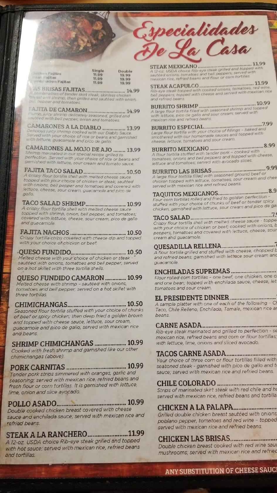 Menu at Las Brisas Mexican Restaurant, Gadsden