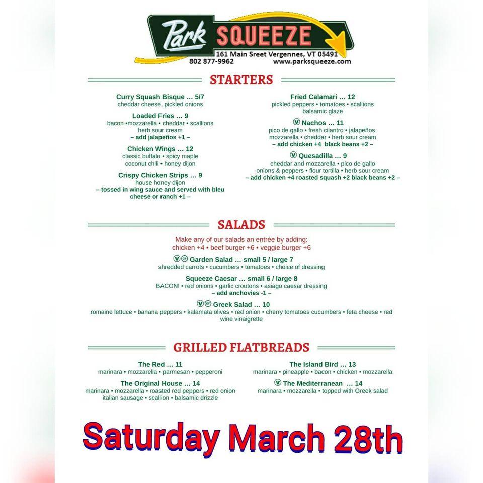 Menu at Park Squeeze pub & bar, Vergennes