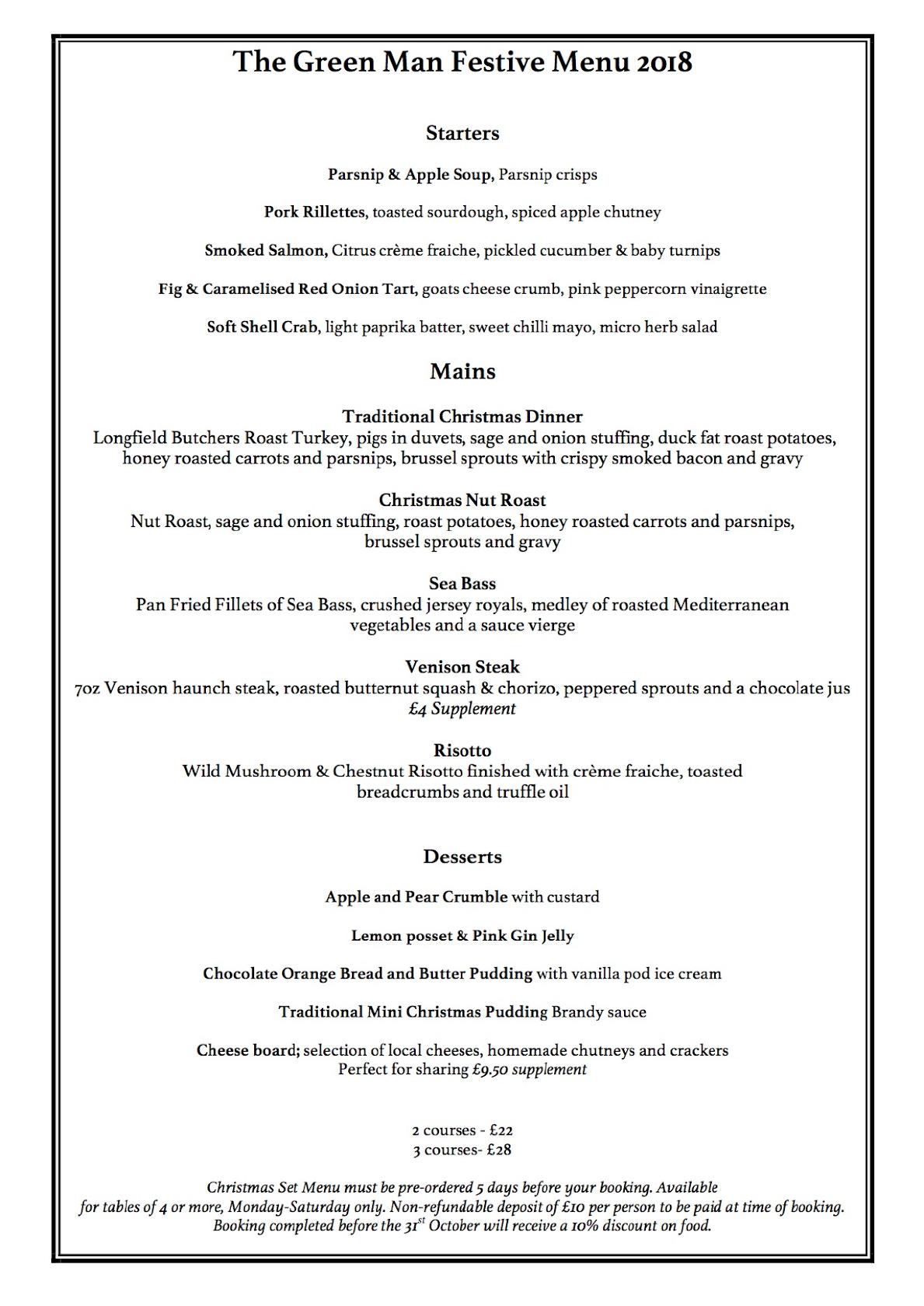 Menu at The Green Man pub & bar, Stansted