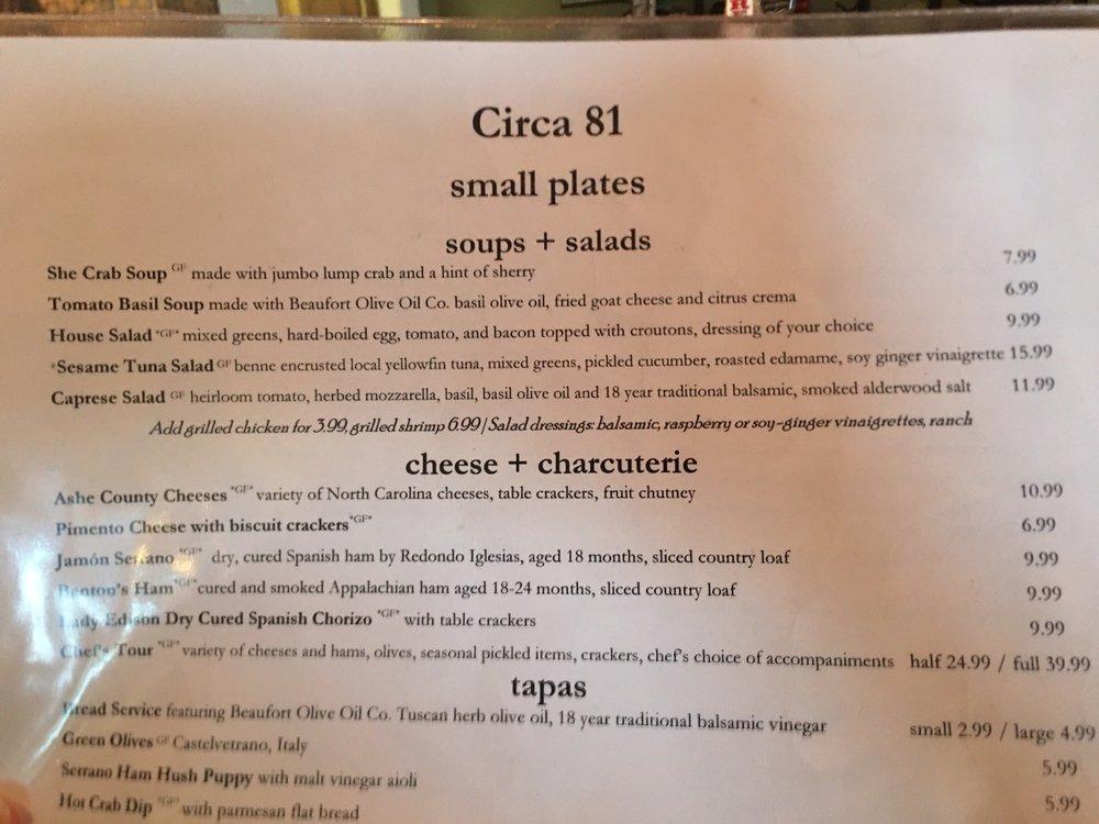 Menu at Circa 81 pub & bar, Morehead City