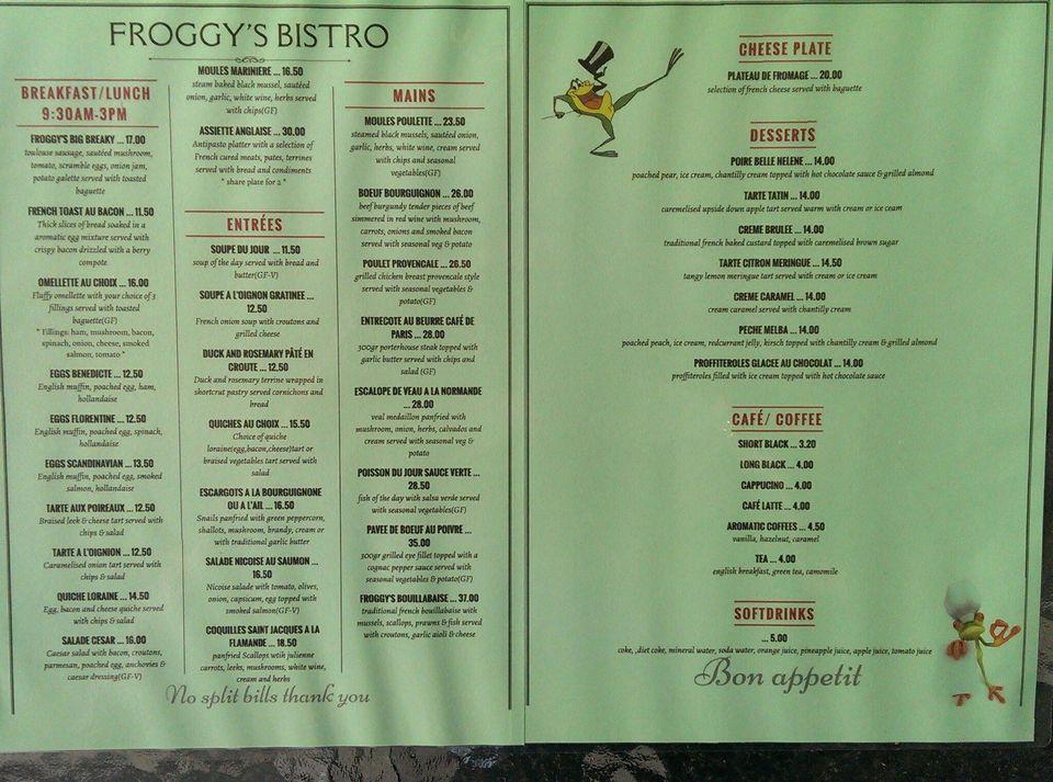 Menu at Froggy's Bistro restaurant, Lakes Entrance