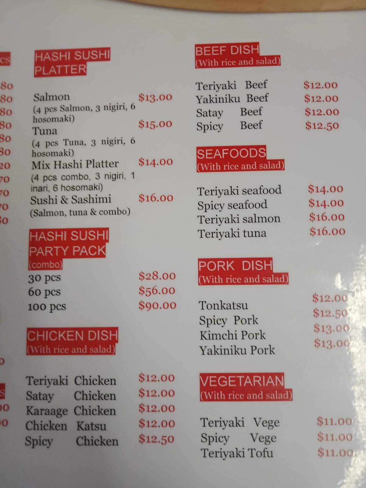 Menu at Hashi Japanese Cuisine South Dunedin restaurant, Dunedin