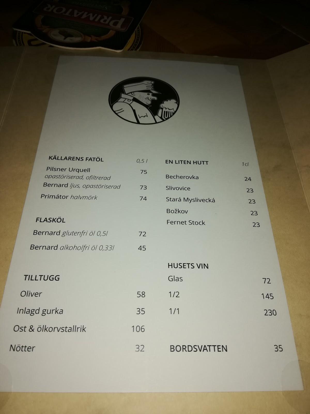 Menu at Krogen Soldaten Svejk pub & bar, Stockholm