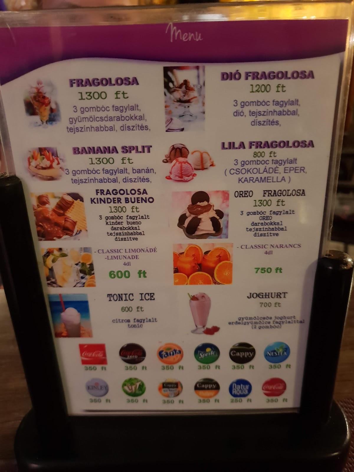 Menu at Lila Fagyizó restaurant, Eger
