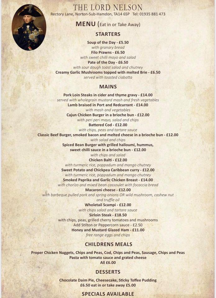 Menu at The Lord Nelson pub & bar, Stoke-sub-Hamdon, Rectory Ln
