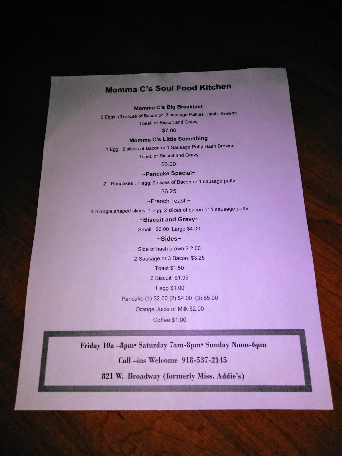 Menu at Momma C's Soul Food Kitchen restaurant, Muskogee