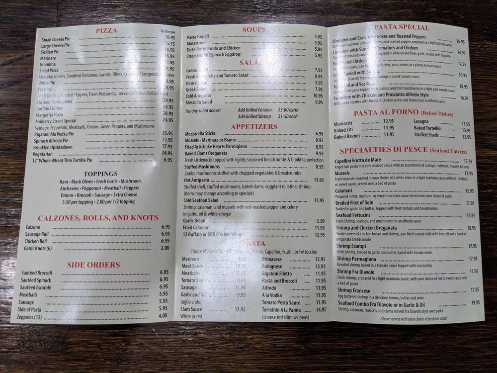 Menu at Mulberry St. Pizza pizzeria, Jericho