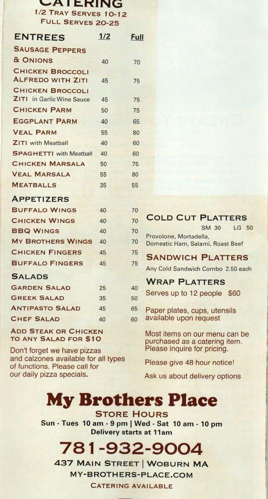 Menu at My Brothers Place pizzeria, Woburn, 437 Main St