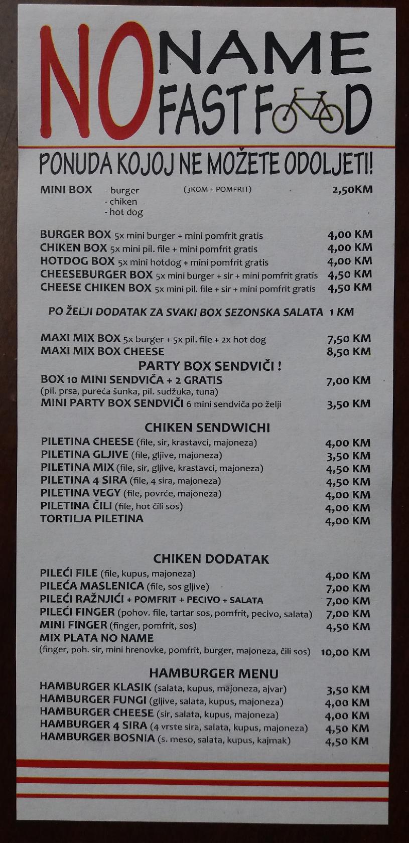 Menu at NO NAME restaurant, Sarajevo