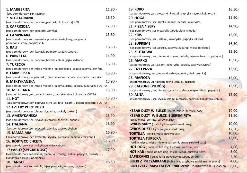 Menu at Pizzeria PABLO, Skwierzyna