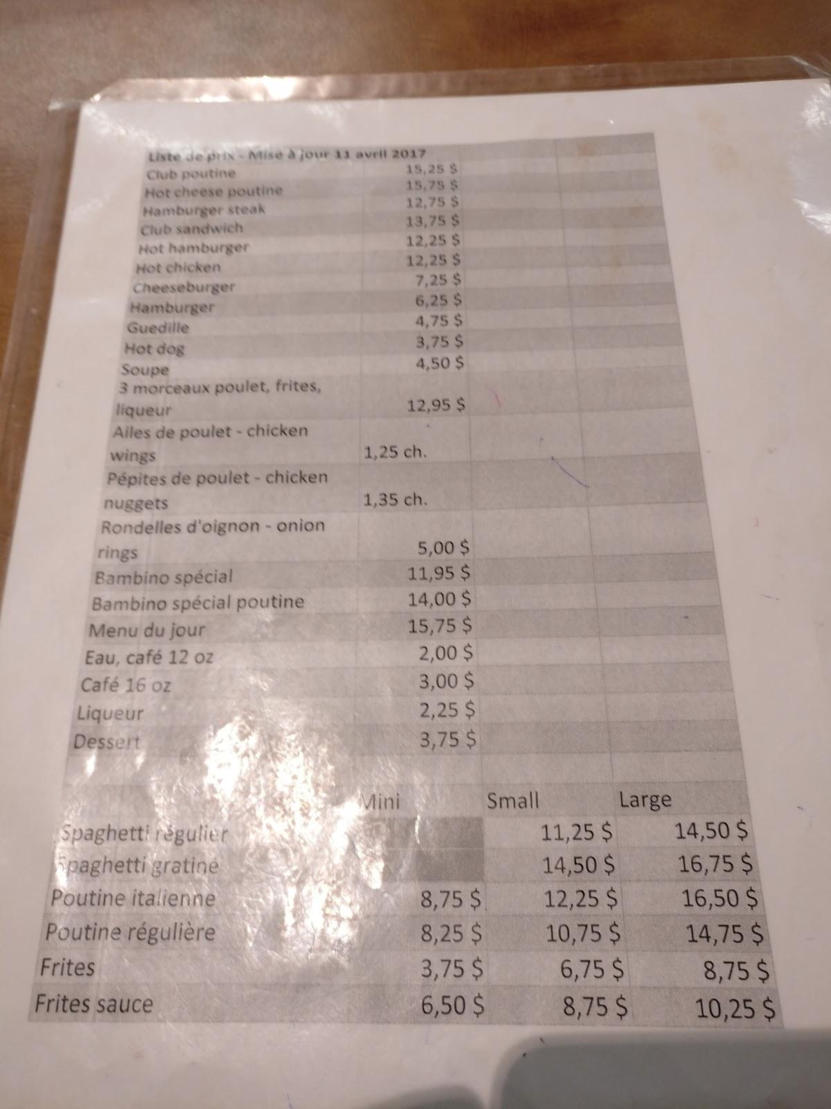 Menu at Restaurant Bla Bla, Schefferville