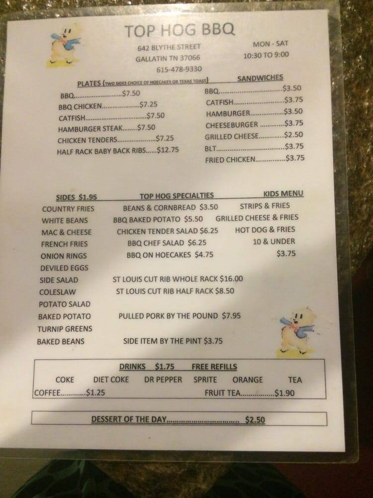 Menu at Top Hog BBQ, Gallatin