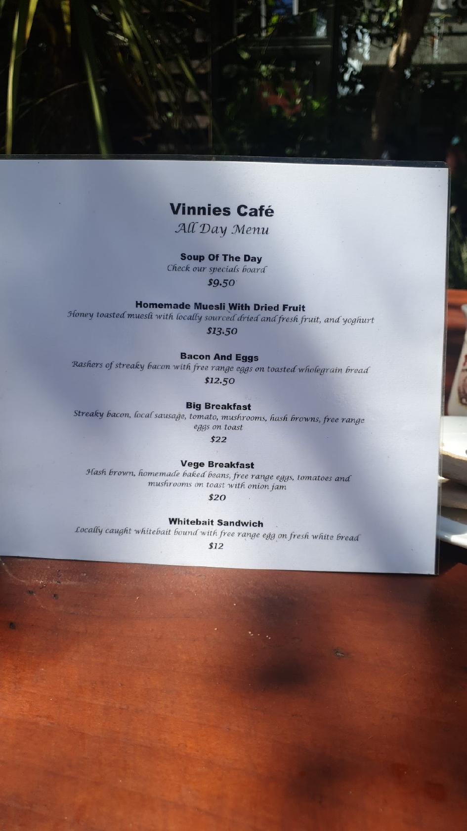 Menu at Vinnie's Cafe, Karamea