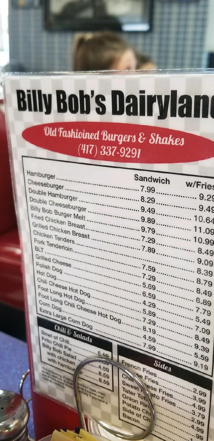 Menu at Billy Bob's Dairy Land restaurant, Branson, W 76 Country Blvd