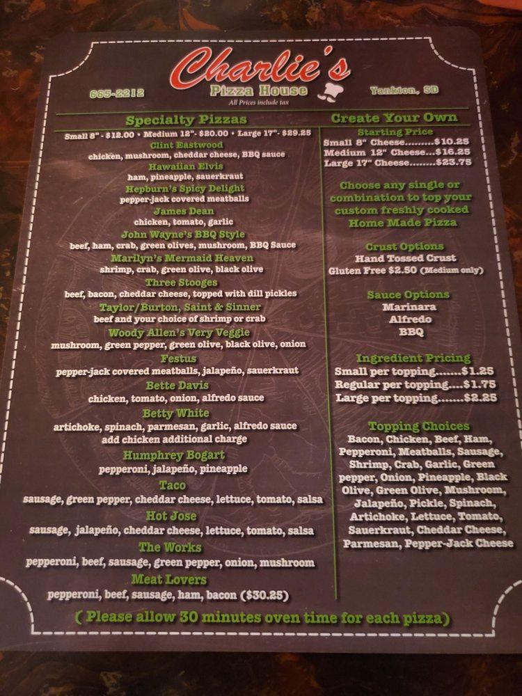 Menu at Charlie's Pizza House pizzeria, Yankton