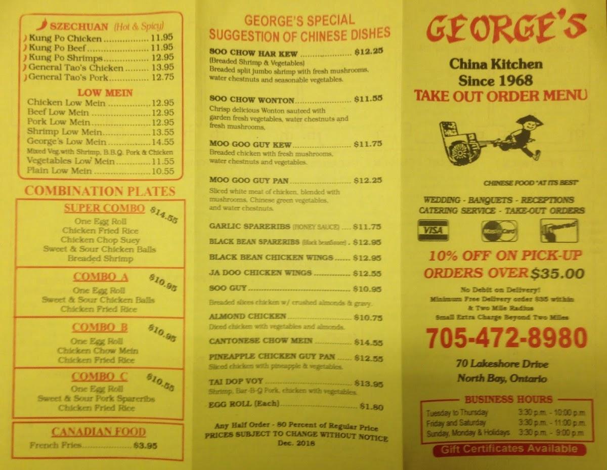 Menu at George's China Kitchen restaurant, North Bay