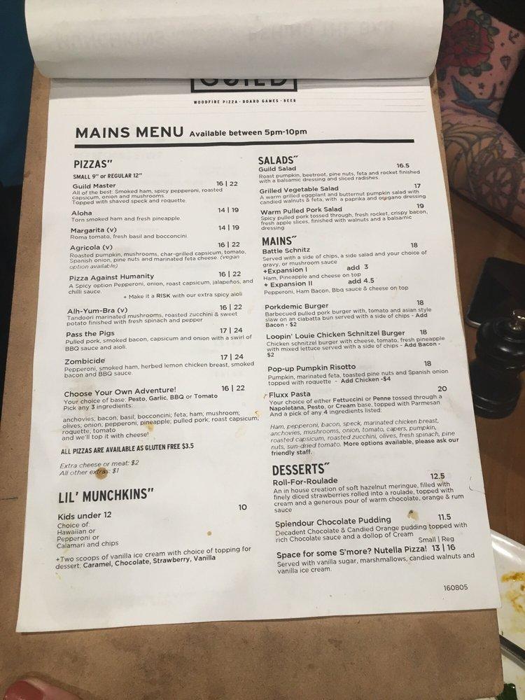 Menu at Guild pub & bar, Canberra