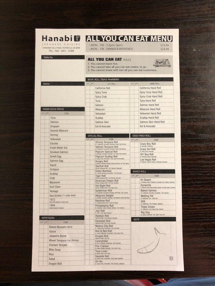 Menu at Hanabi Sushi restaurant, Victorville