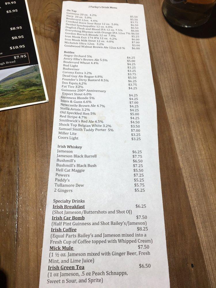 Menu at J Farley's pub & bar, Claremore