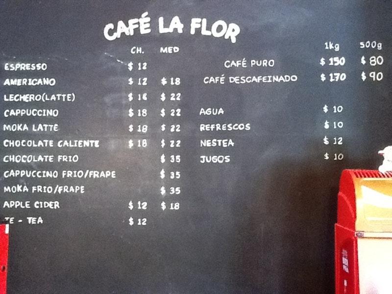Menu at La Flor cafe, La Paz