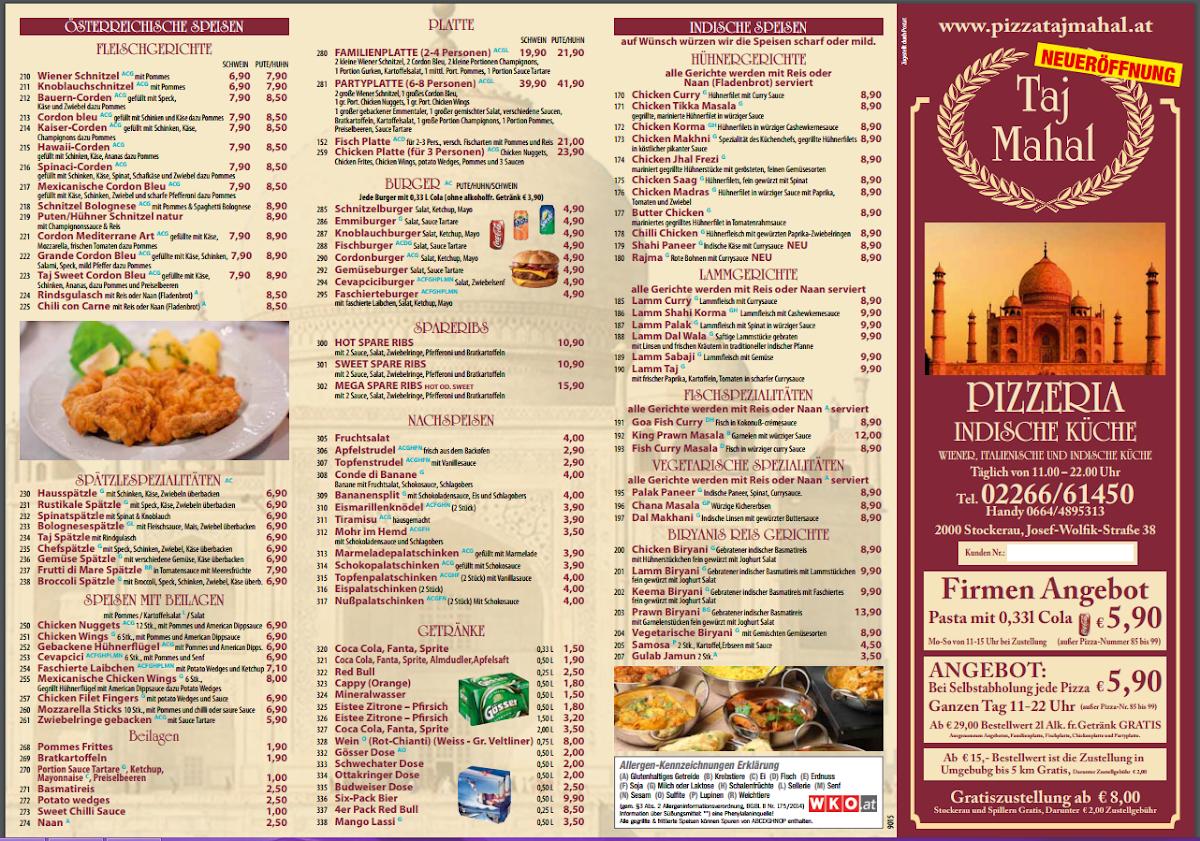 Menu at Indian Pizzeria Taj Mahal, Stockerau