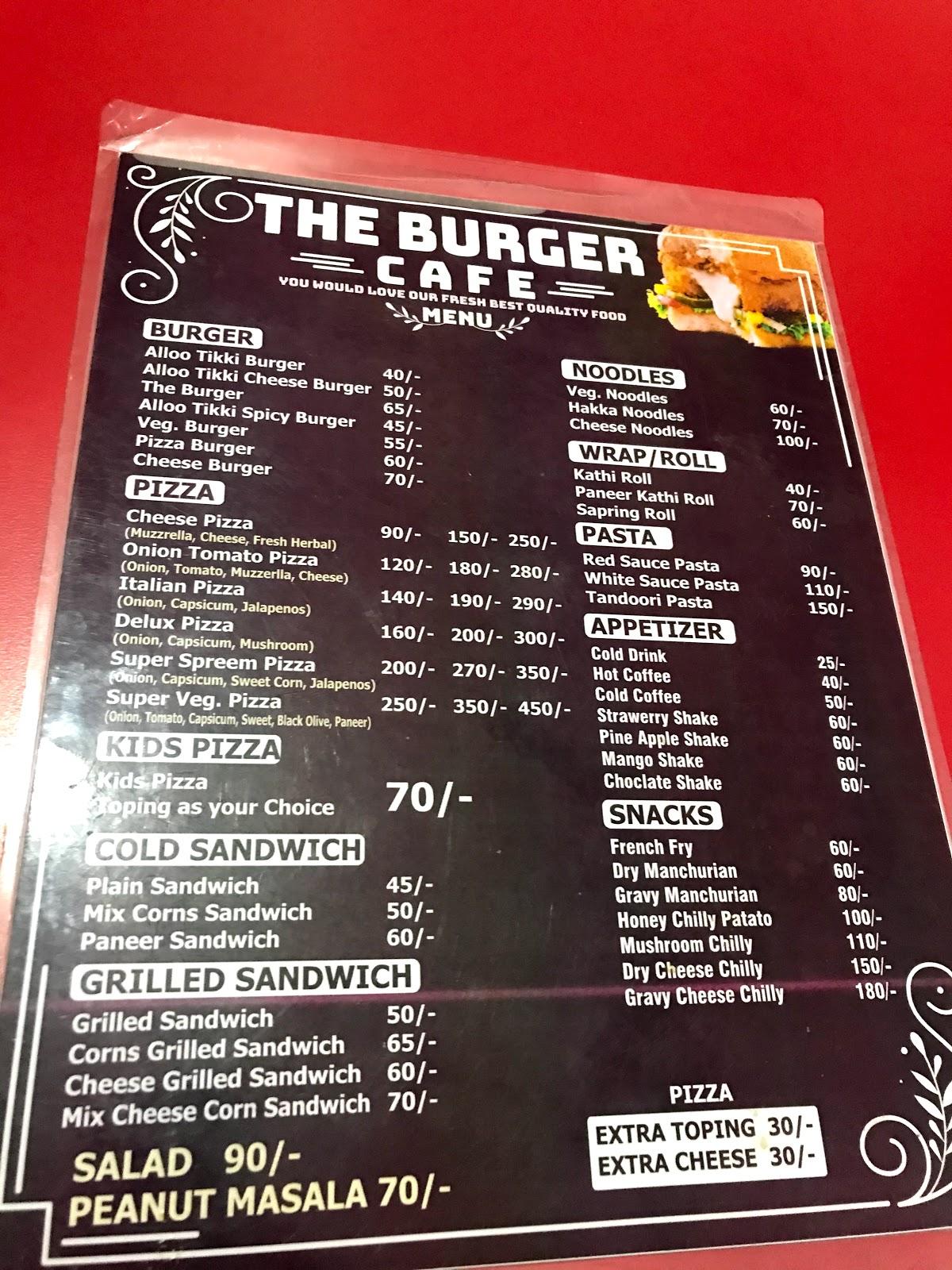 Menu at The Burgers cafe, Patran