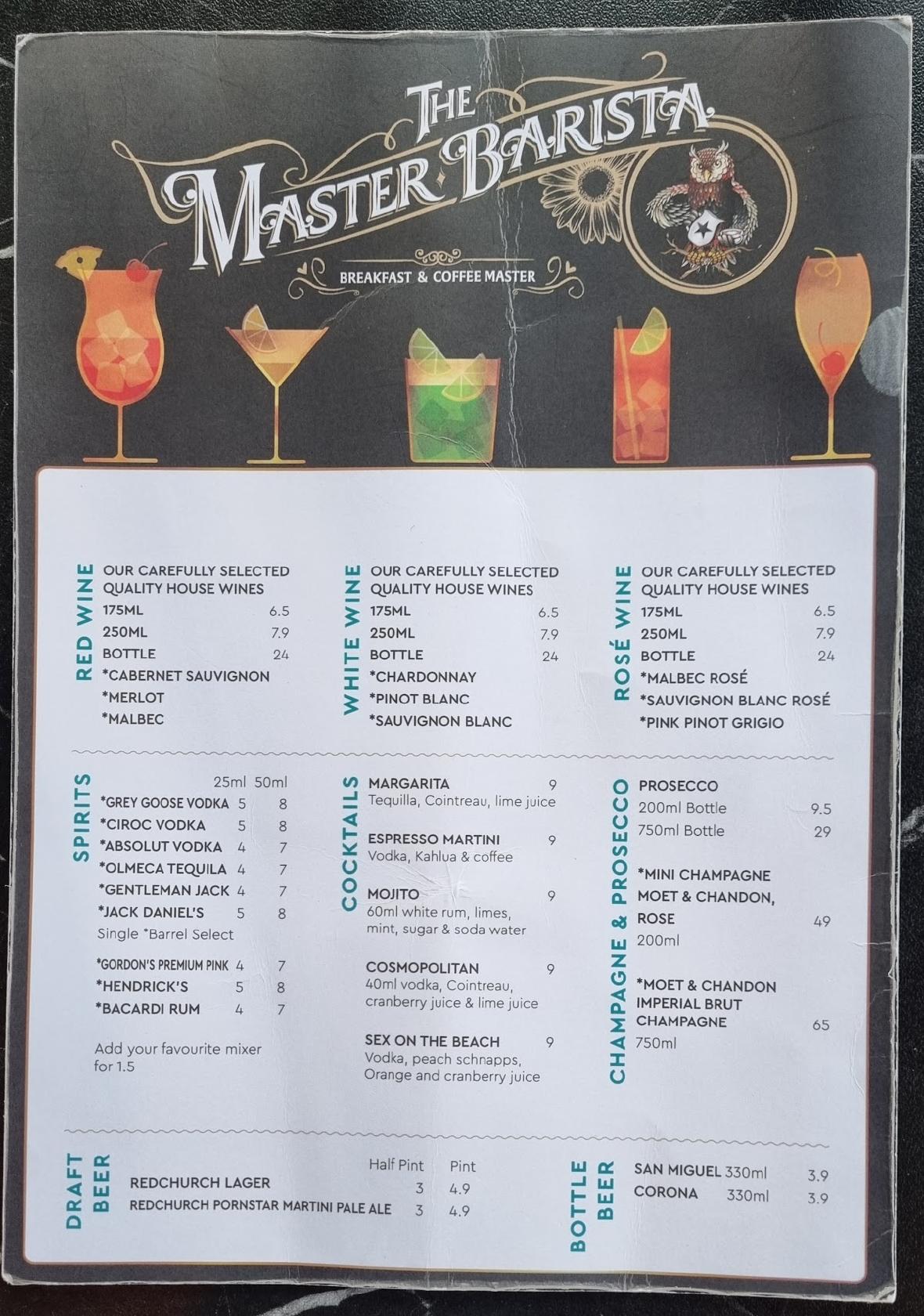 Menu at The Master Barista, Harlow