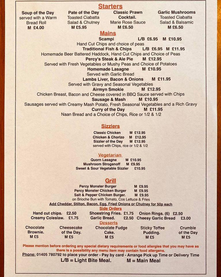Menu at The Percy Arms pub & bar, Goole