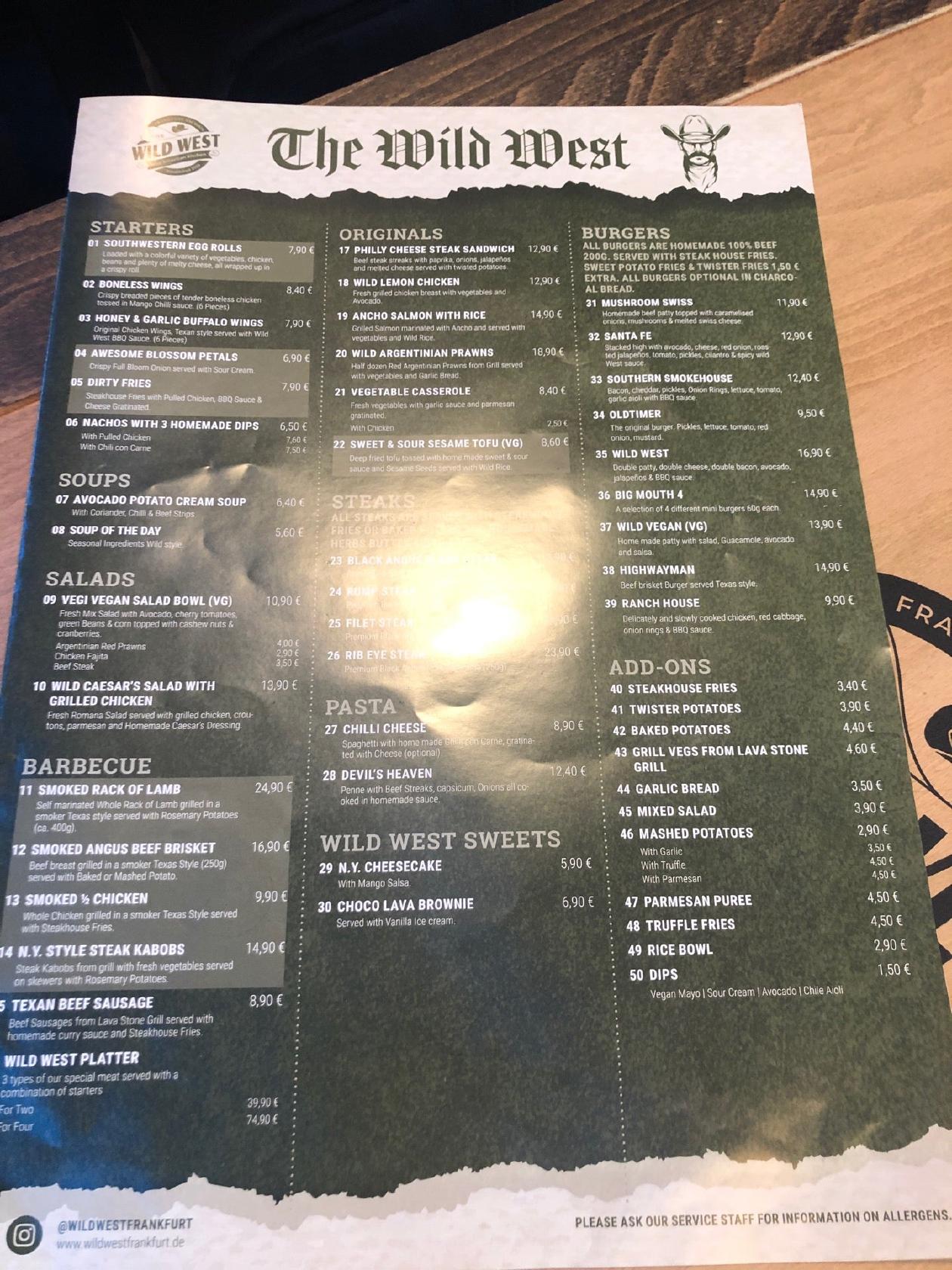 Speisekarte von The Wild West restaurant, Frankfurt am Main