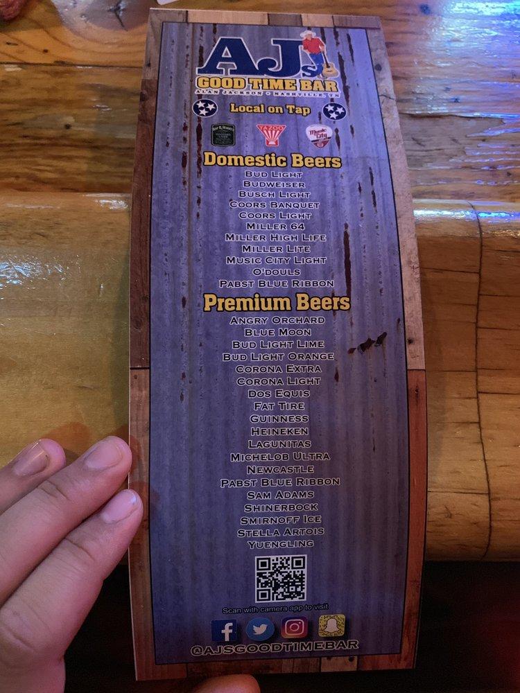 Menu at AJ's Good Time Bar, Nashville