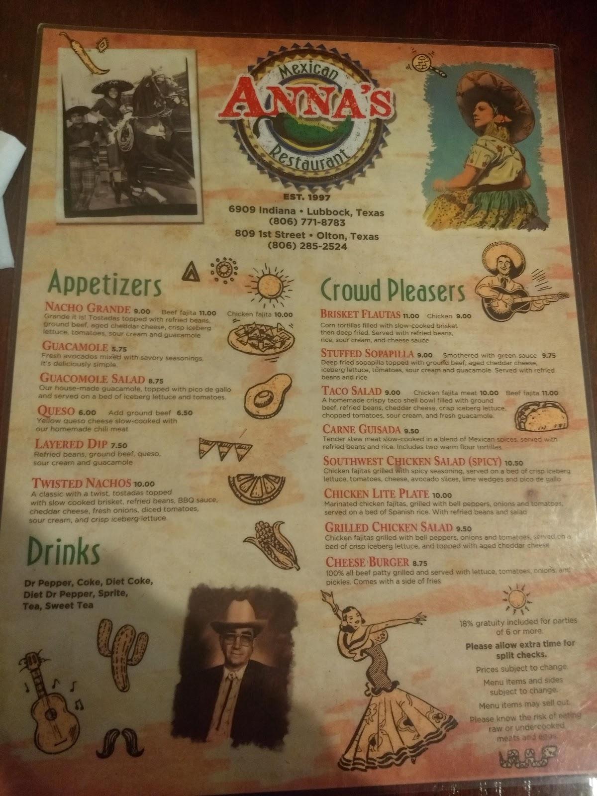 Menu at Anna's Mexican Restaurant, Lubbock
