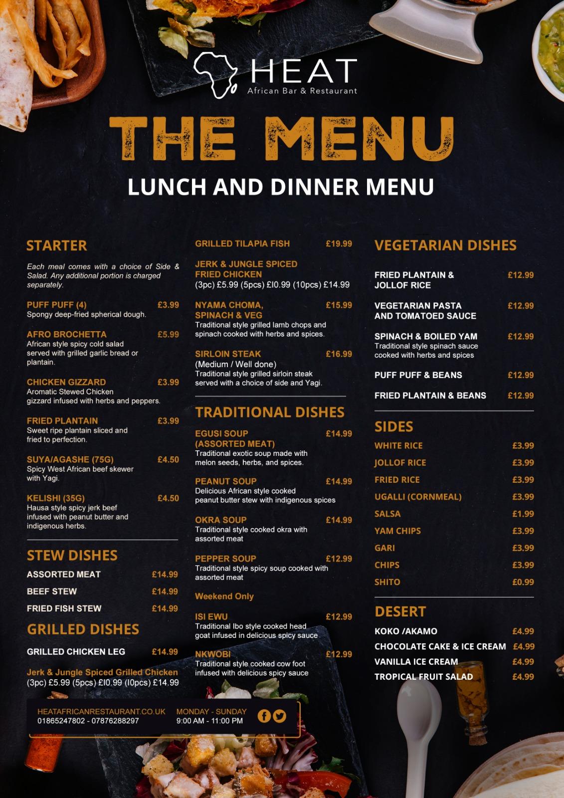 Menu at Heat African Restaurant, Oxford