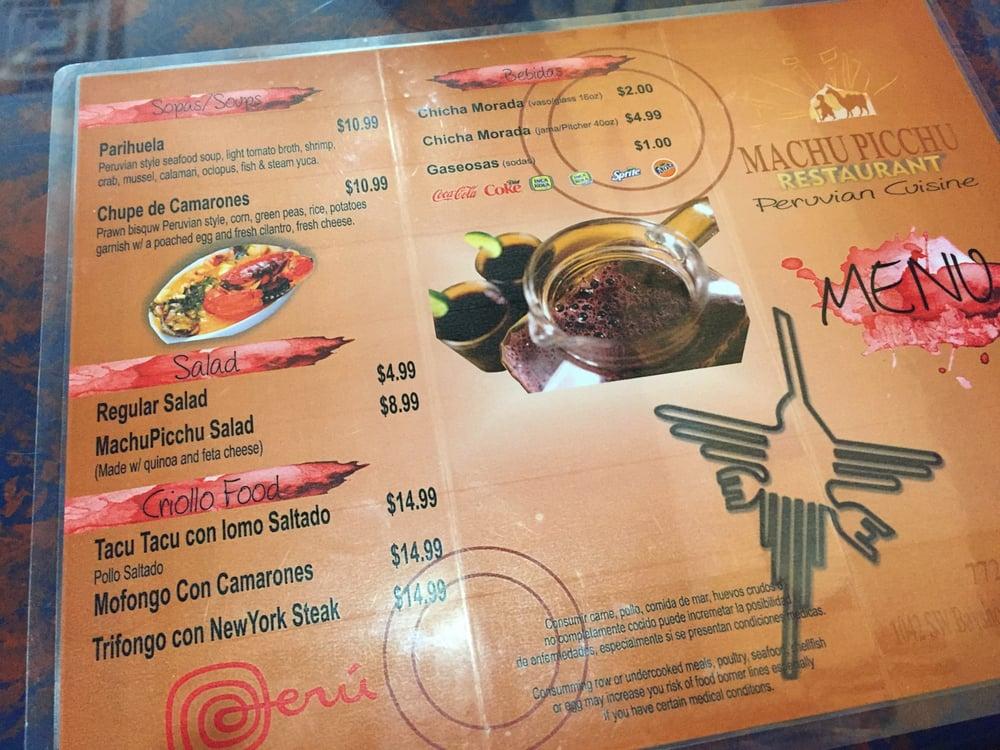 Menu at Machu Picchu Restaurant, Port St. Lucie
