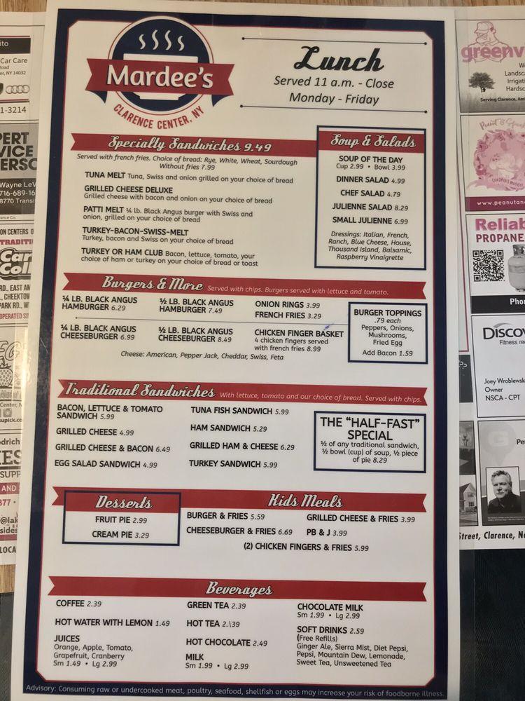 Menu at Mardee's restaurant, Clarence Center