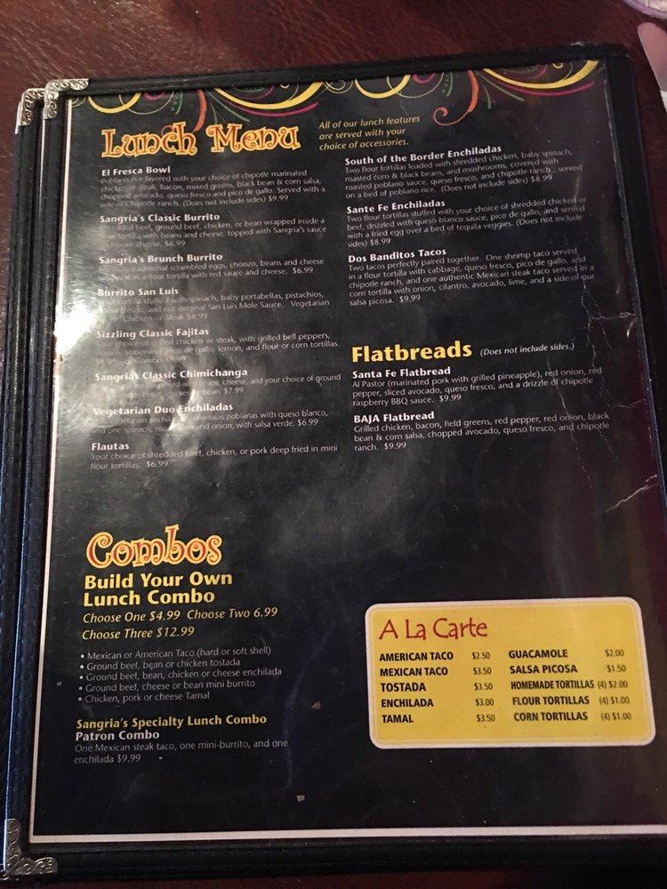 Menu at Sangria's Mexican Grill restaurant, Appleton