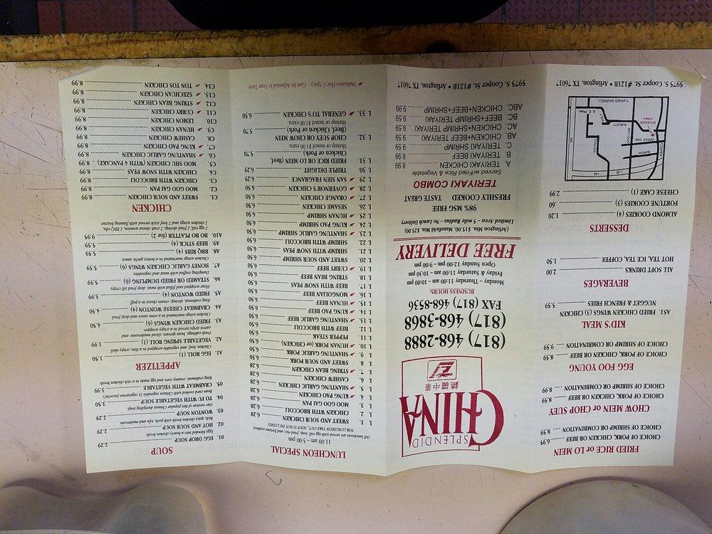 Menu at Splendid China restaurant, Arlington