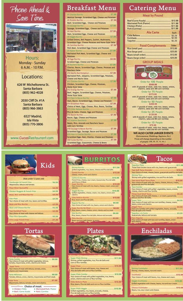 Menu at Super Cuca's Taqueria restaurant, Santa Barbara, Cliff Dr #1a