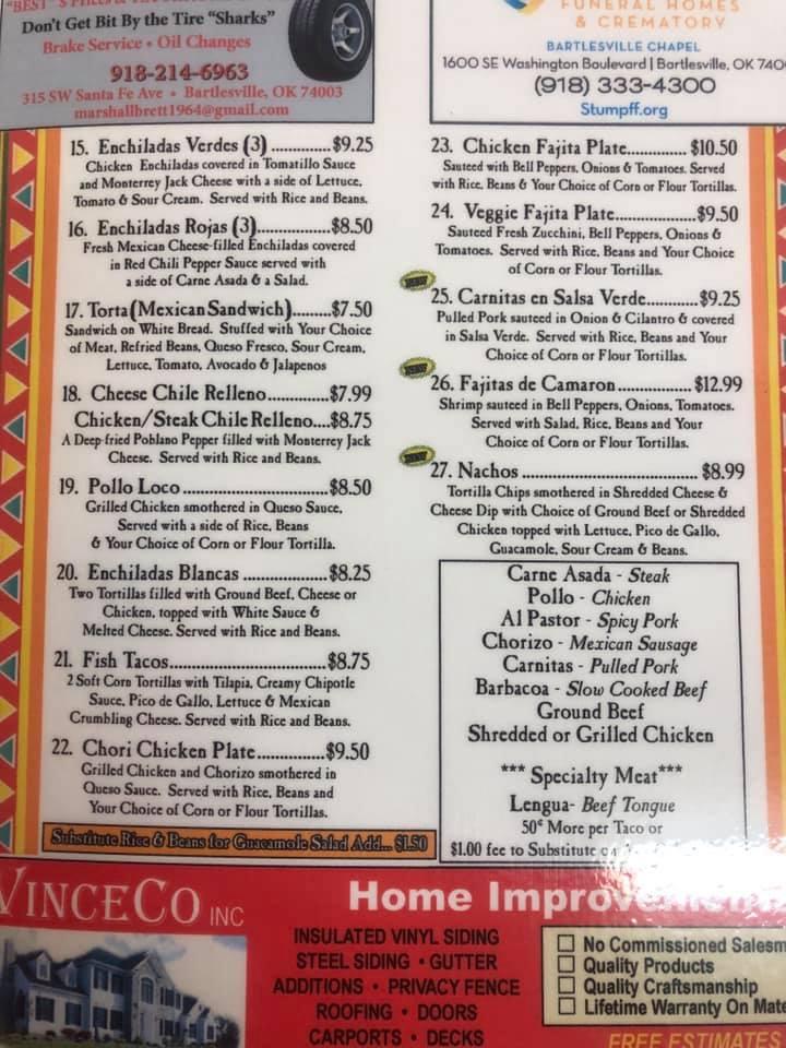 Menu at Tacos Pachitas restaurant, Bartlesville