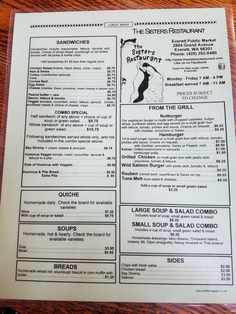 Menu at The Sisters Restaurant, Everett