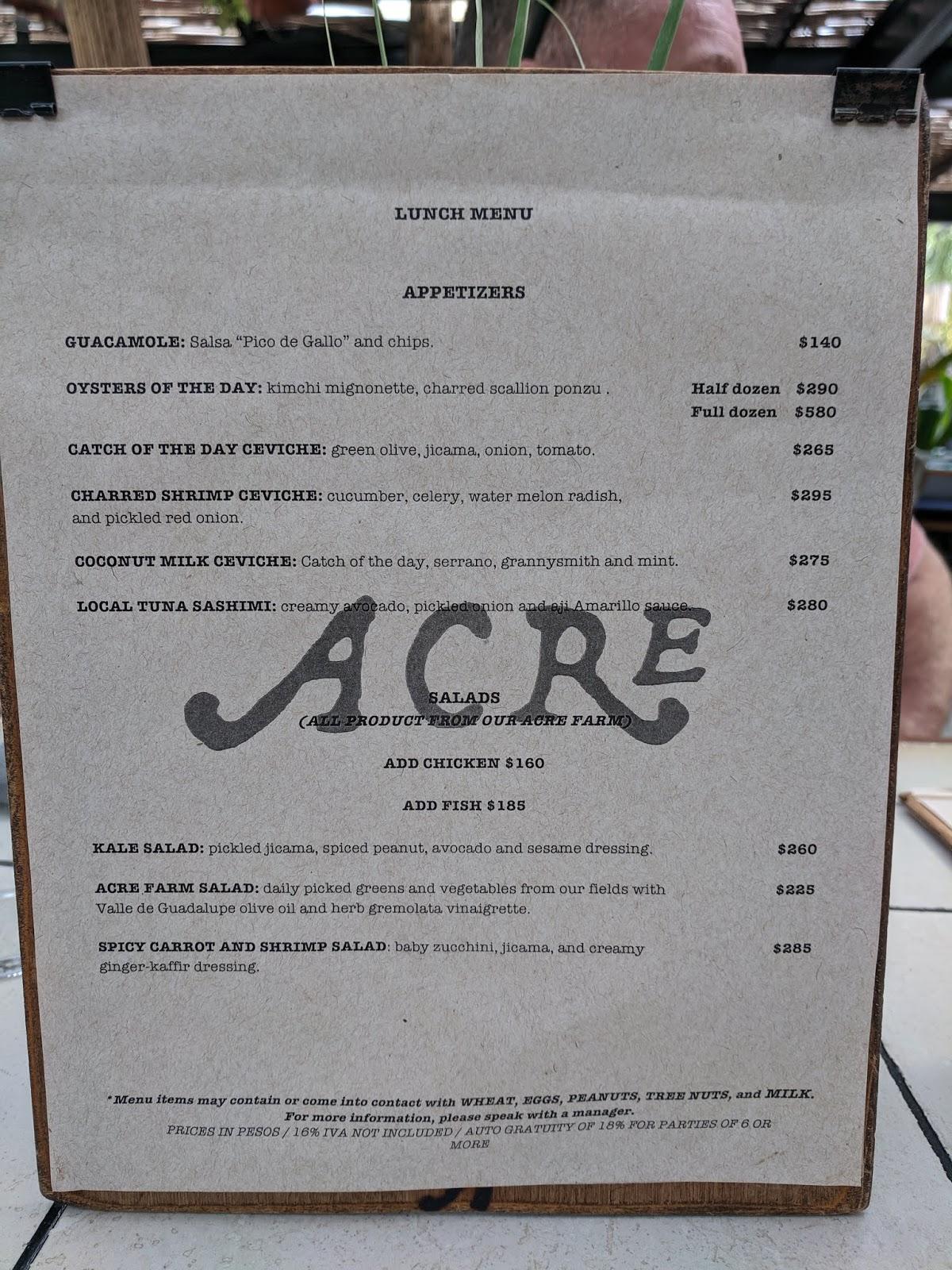 Menu at Acre Resort pub & bar, San José del Cabo