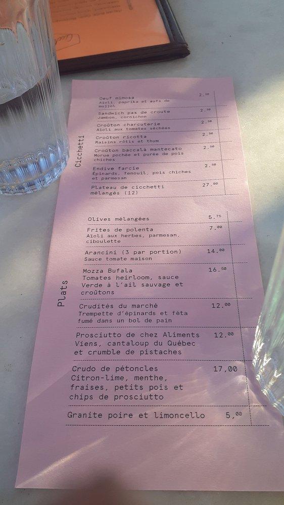 Menu at Bar Cicchetti, Montreal