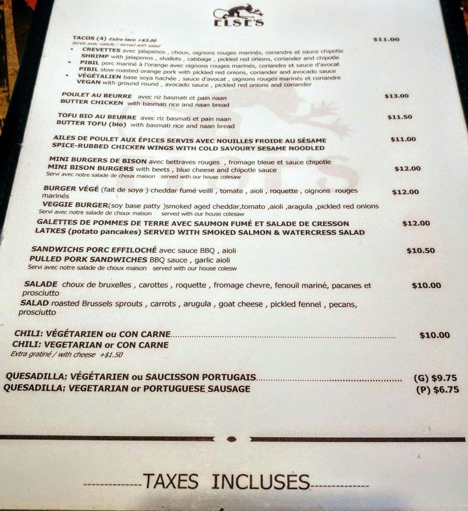 Menu at Else's pub & bar, Montréal