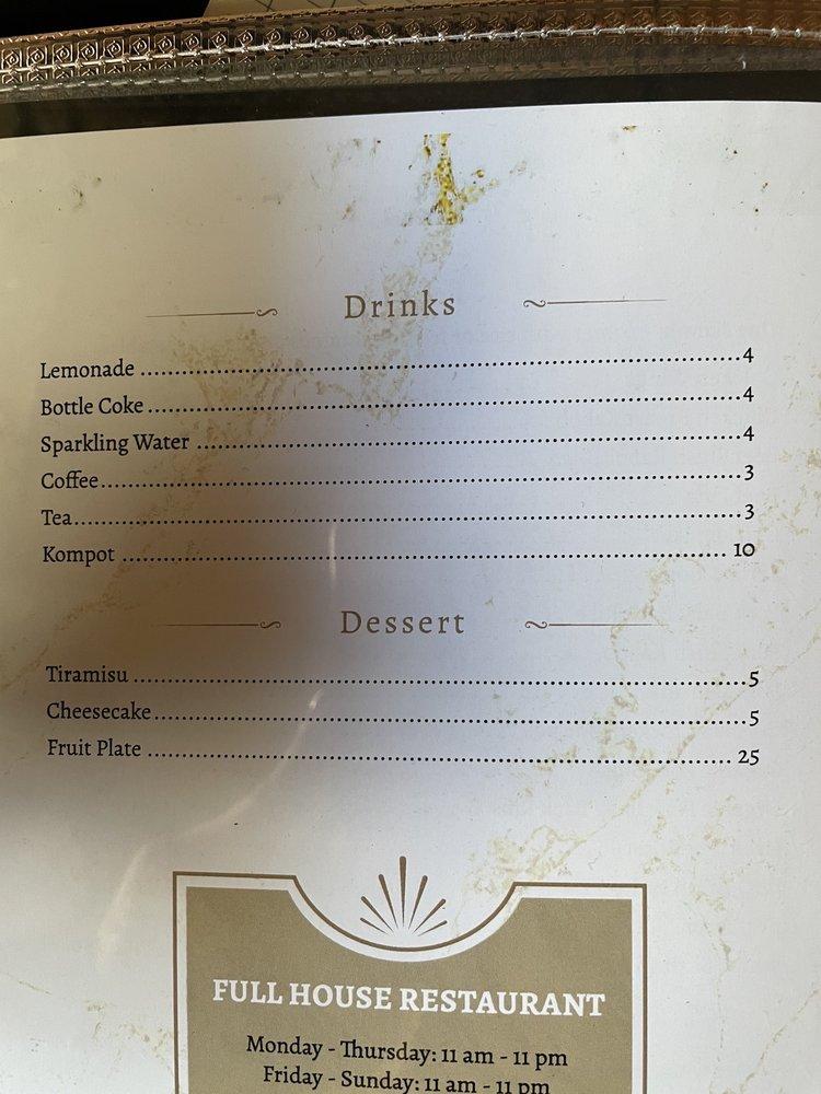 Menu at Full House Restaurant, Los Angeles