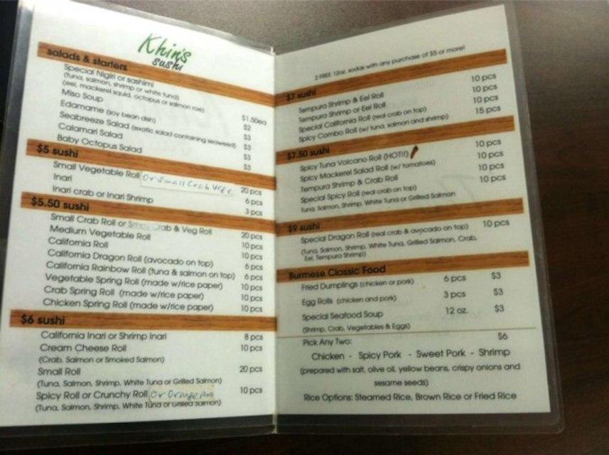 Menu at Khin's Sushi restaurant, Richmond