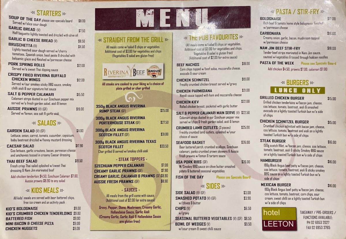 Menu at Leeton Hotel pub & bar, Leeton