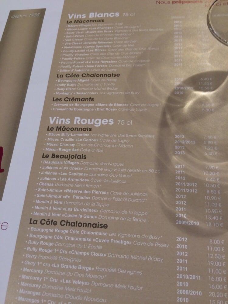 Menu au Maison Mâconnaise des Vins restaurant, Mâcon
