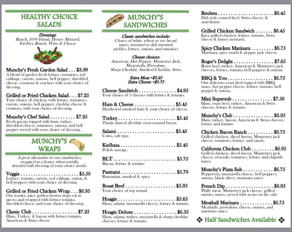 Menu at Munchy's restaurant, Jonesboro