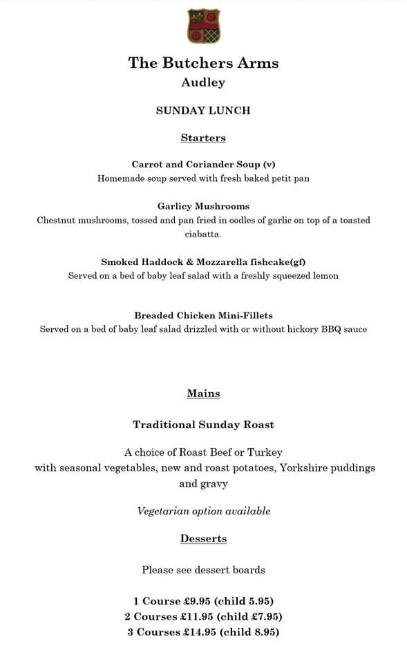 Menu at The Butchers Arms pub & bar, Audley, 18 Church St