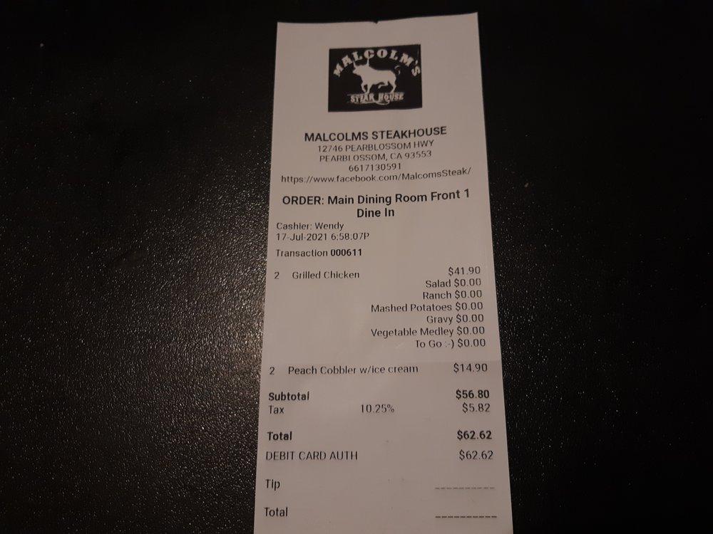 Menu at Malcolm's Steakhouse, Pearblossom