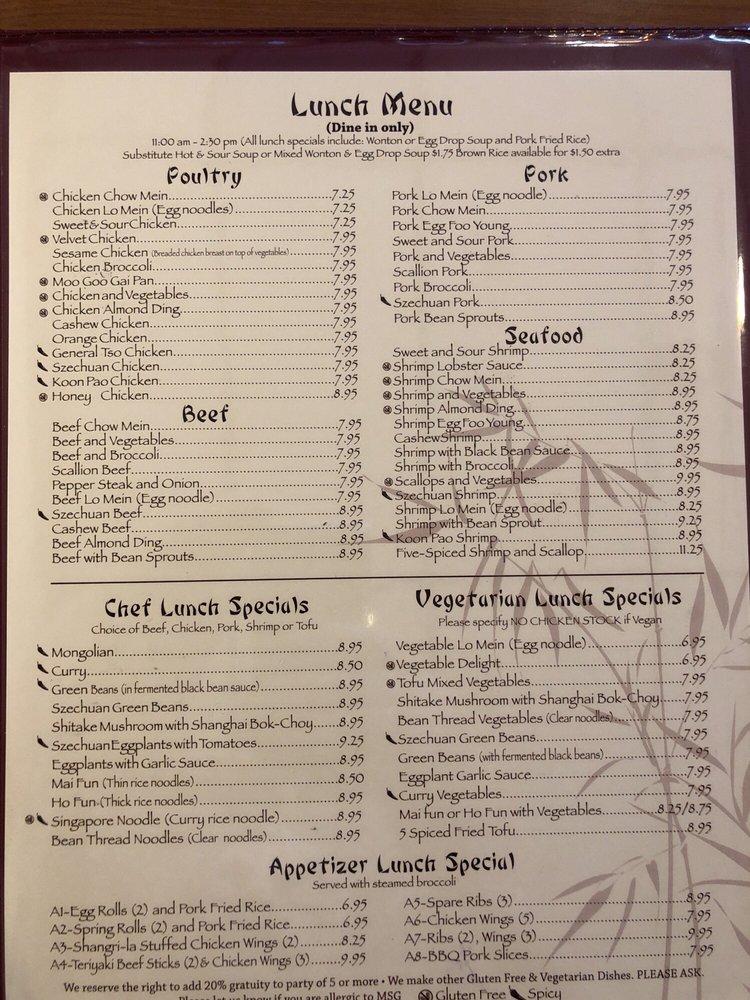 Menu at Shangri-La Restaurant, Sarasota